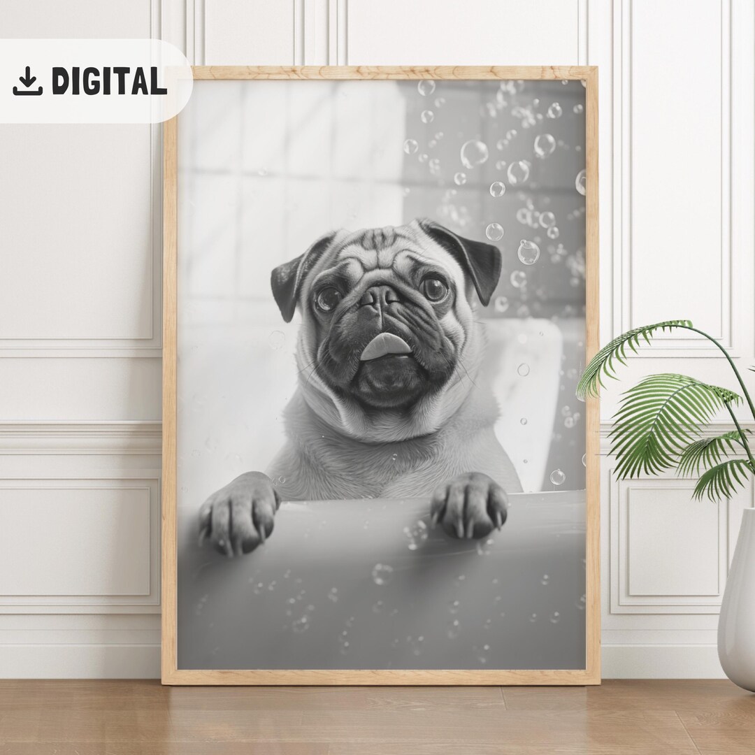 Cute Retro Pug Bathroom Wall Art Trendy Dog Bathroom Decor Pug in ...