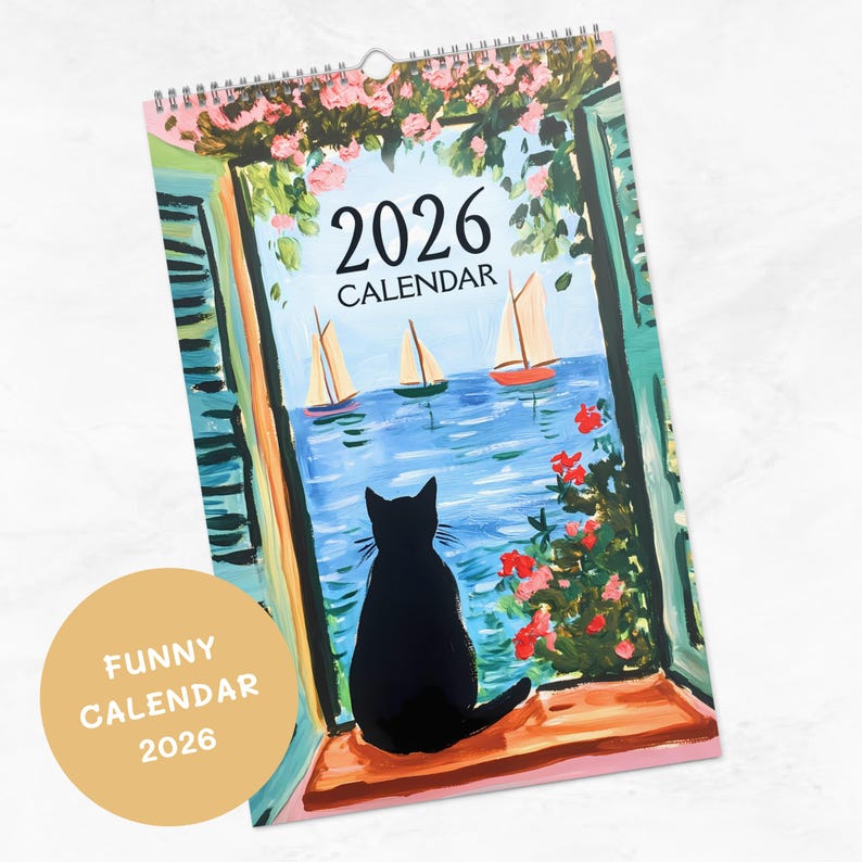 2026 Cat Wall Calendar Monthly Planner, Black Cat Travel Lover Gift ...