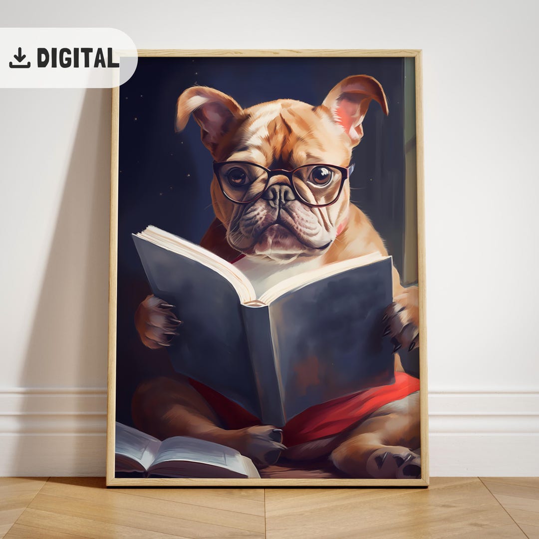 Vintage Bulldog Reading Wall Art Dog Book Lover Gift Read Inspiring ...