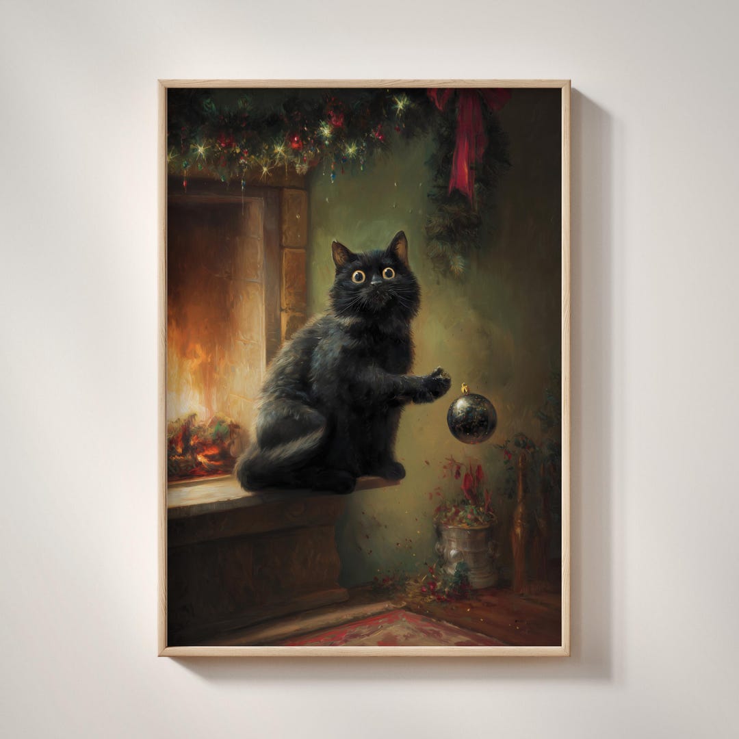 UNFRAMED Funny Black Cat Christmas Art Print: Vintage Cottagecore ...