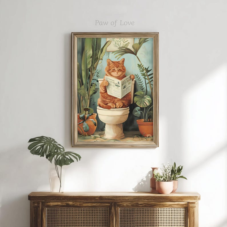 Funny Orange Cat Bathroom Print, Toilet Humor Poster, Cat Pooping Retro ...
