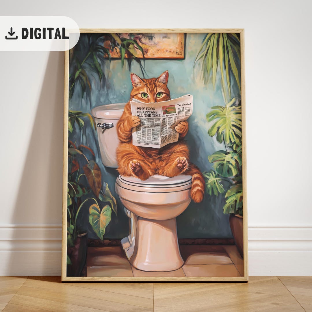 Funny Orange Cat Bathroom Print, Red Cat on Toilet Wall Art, Ginger Cat ...