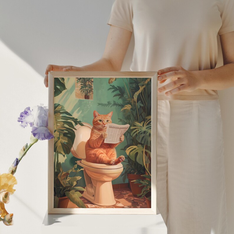 Vintage Orange Cat Bathroom Print, Toilet Humor Poster, Cat Pooping ...