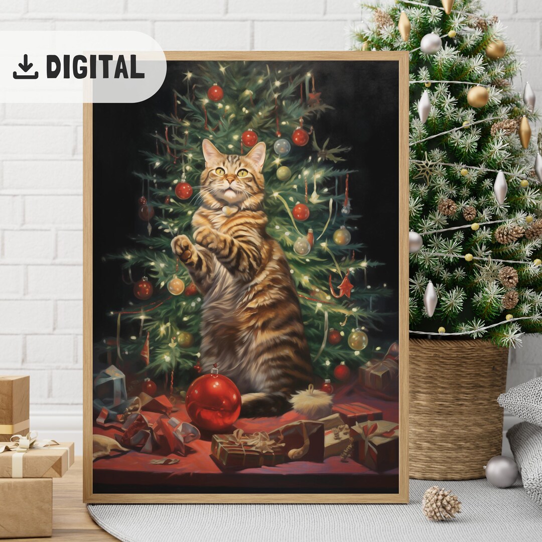 Christmas Cat Wall Art, Red Cat Christmas Tree Printable, Cute Holiday ...