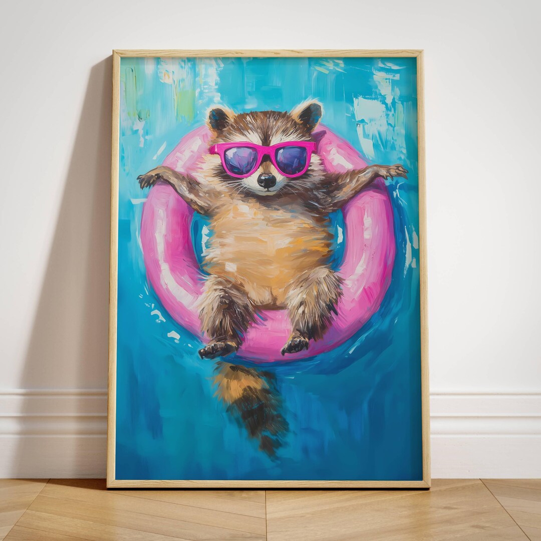 UNFRAMED Raccoon Summer Print, Swimming Pool Decoration, Racoon Beach ...