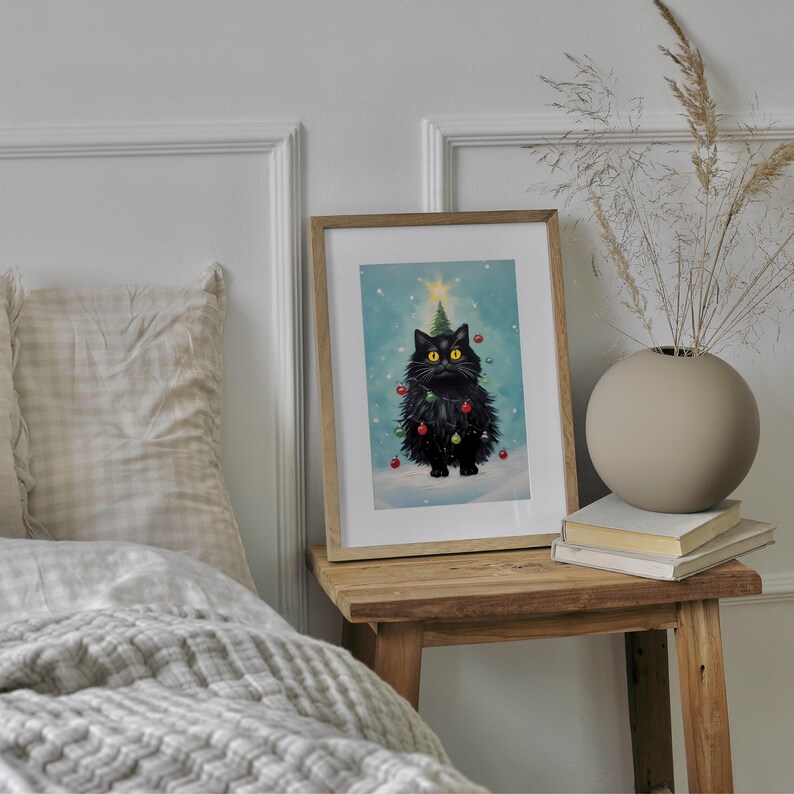 Funny Black Cat Christmas Tree Art Print: Cat Lover Xmas Wall Decor ...