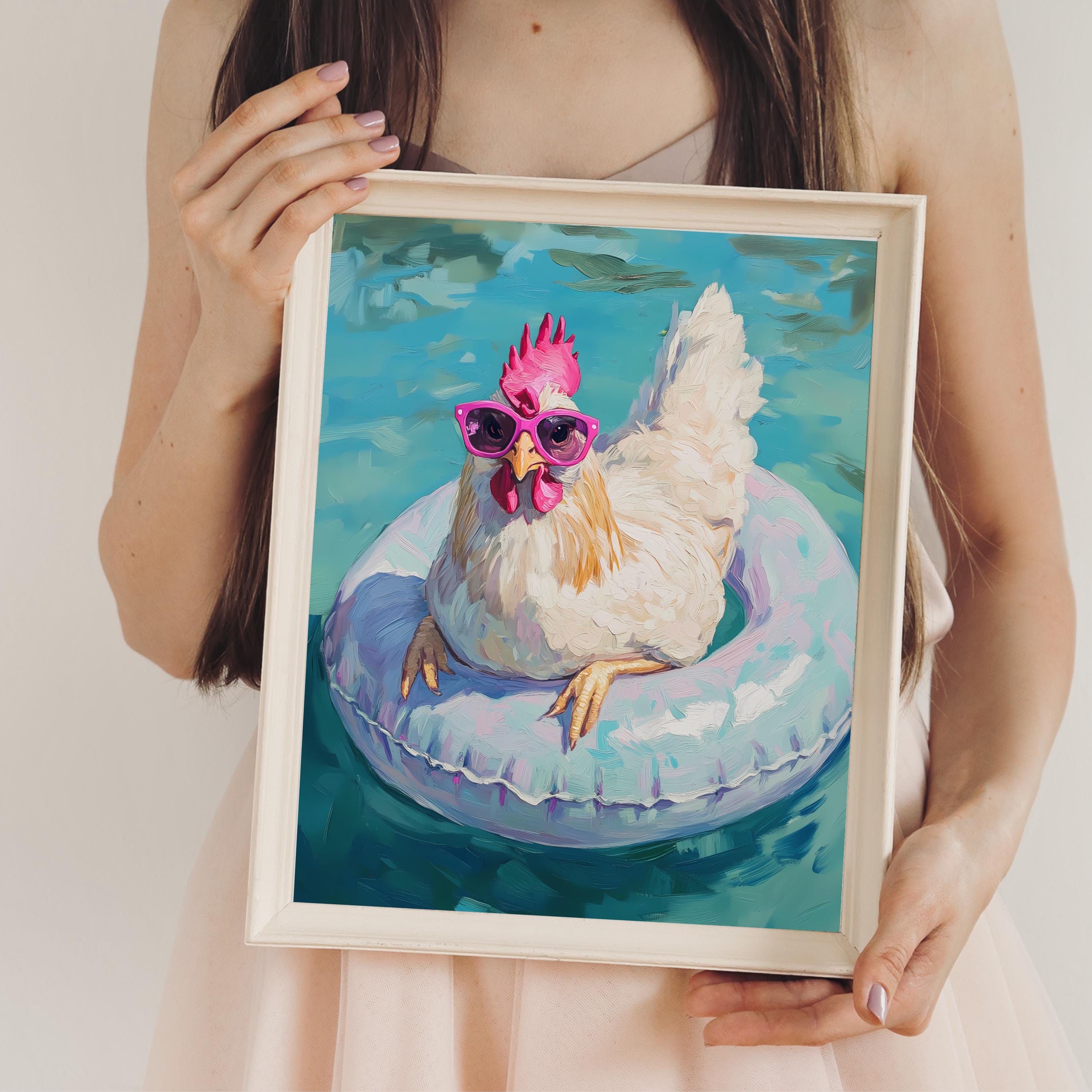 Colorful Chicken Print Funny Summer Painting Beach Decoration Coastal ...
