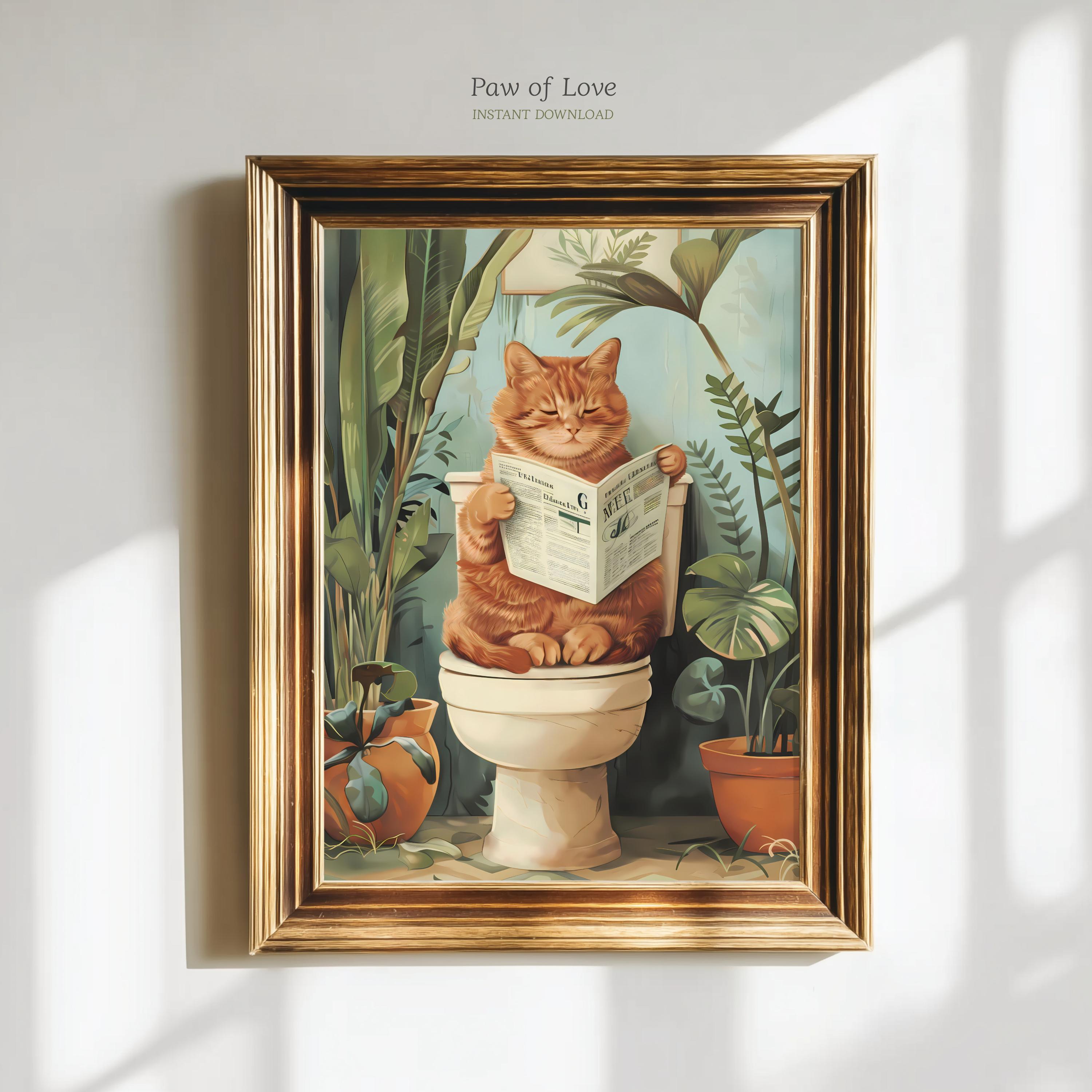 Funny Orange Cat Bathroom Print, Toilet Humor Poster, Cat Pooping Retro ...