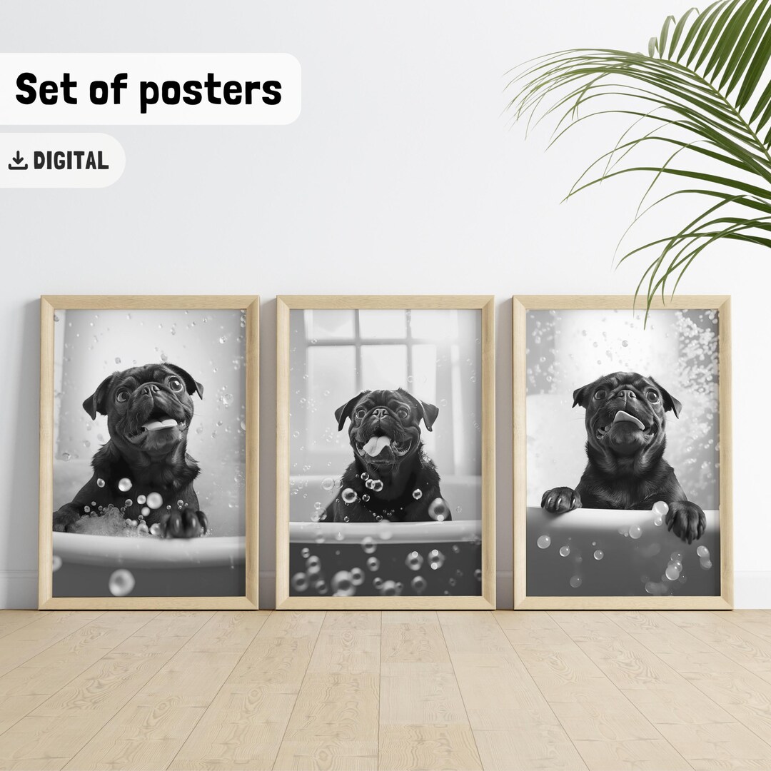 Black Pug Bathroom Print Set, Bathroom Decor Bundle, Dog Bathtub Toilet ...
