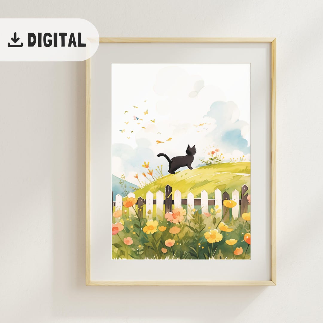 Black Cat Watercolor Print, Cute Catful Wall Art, Aesthetic Home Decor ...