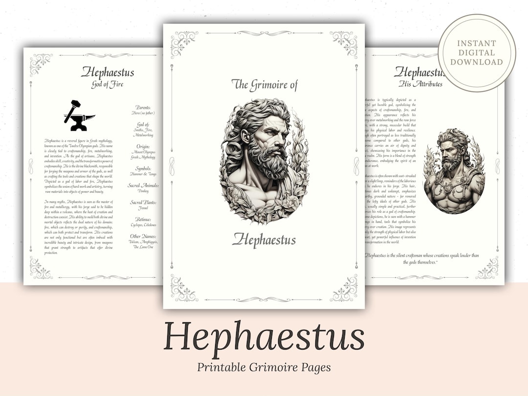 Hephaestus - Grimoire Pages, God of Fire, Volcanoes, Blacksmith, Craftsmen, Printable, Witch ...
