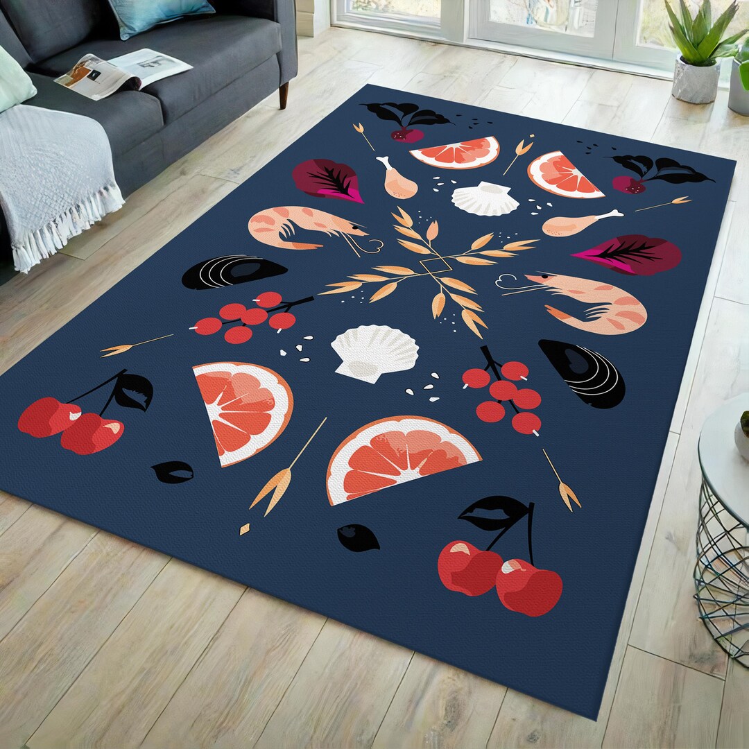 Cherry Rug, Shrimp Theme Rug, Fruit Rug, Floral Pattern Rug, Modern Rug ...