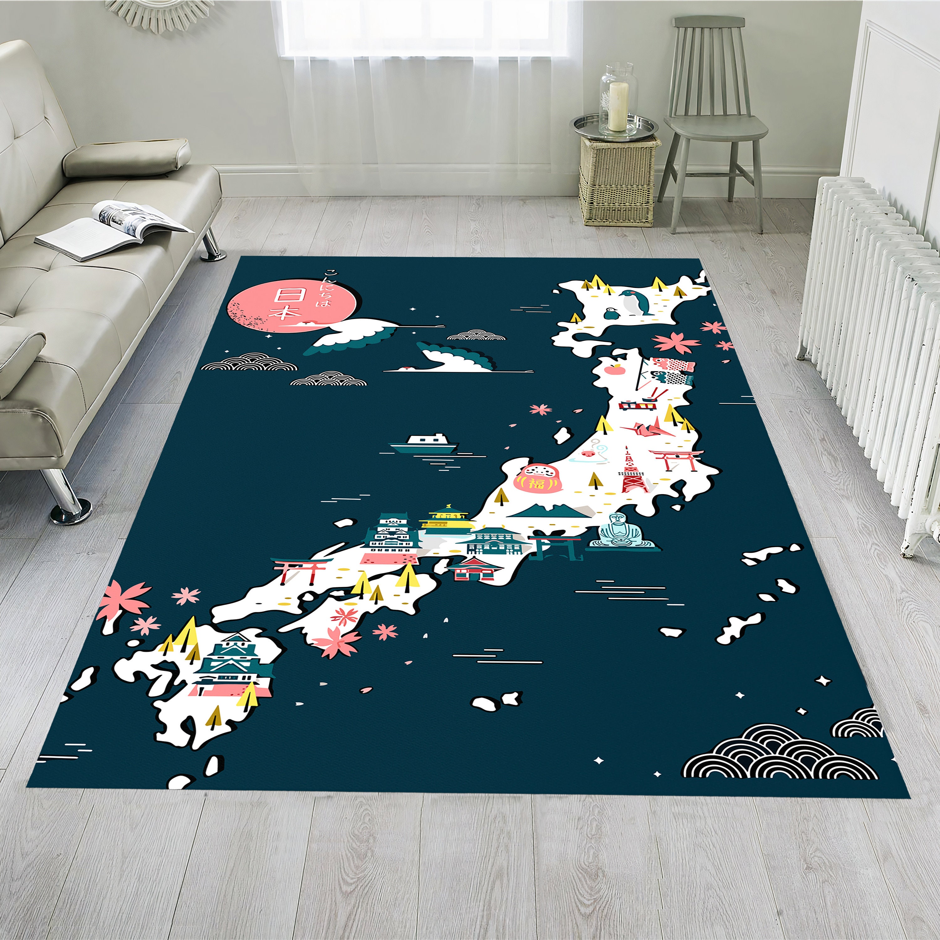 Japanese Culture Themed Rug, Japan Map Rug, Sakura Pattern Rug ...