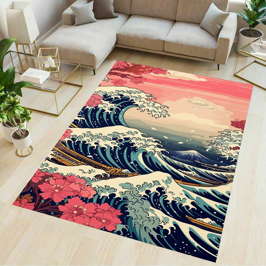 Japan Wave Rug, Japanese Rug, Floral Rug, Sakura Rug, Japan Rug, Wave ...