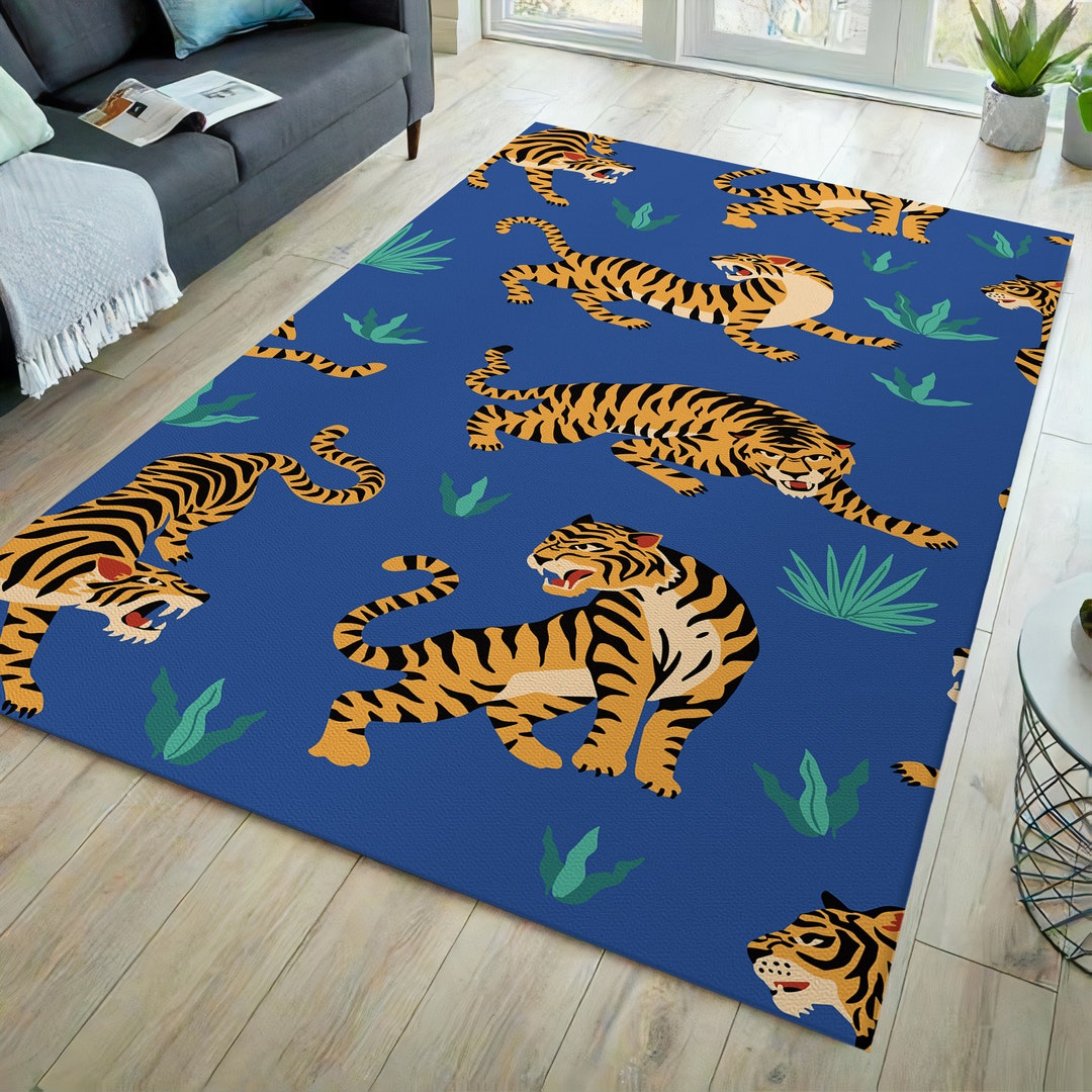 Tiger Rug, Blue Rug, Decorative Rug, Cartoon Rug, Tiger Pattern Rug ...
