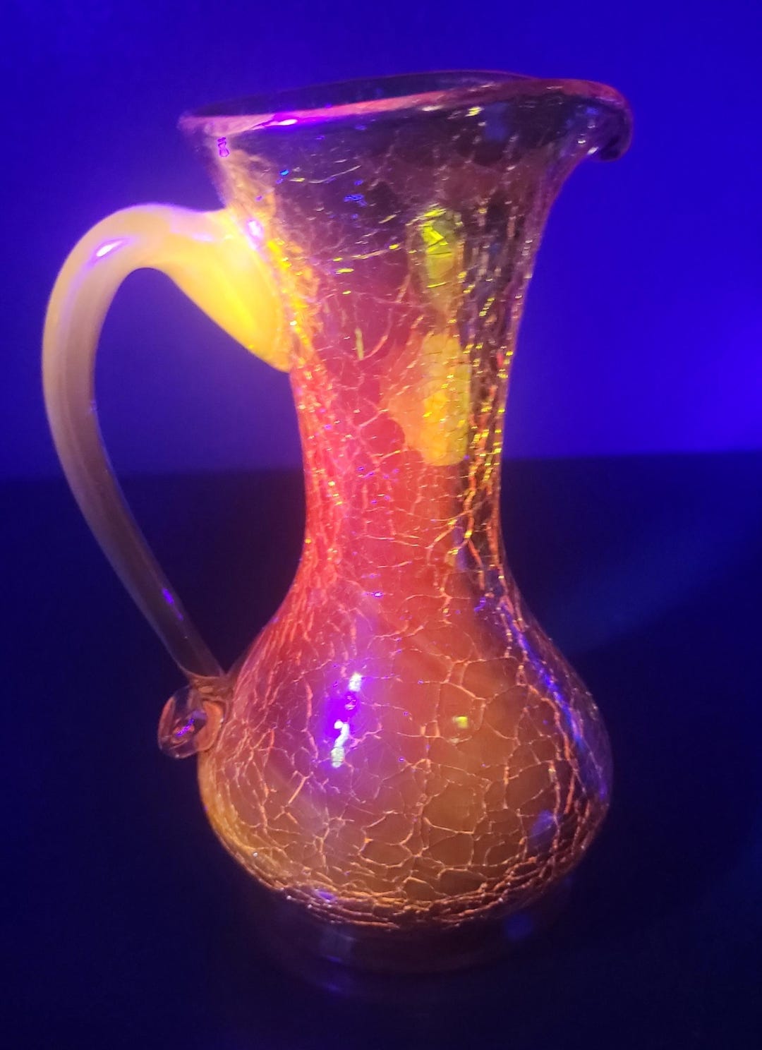 Kanawha Hand Blown Amber Crackle Glass Pitcher With Attached Handle UV ...