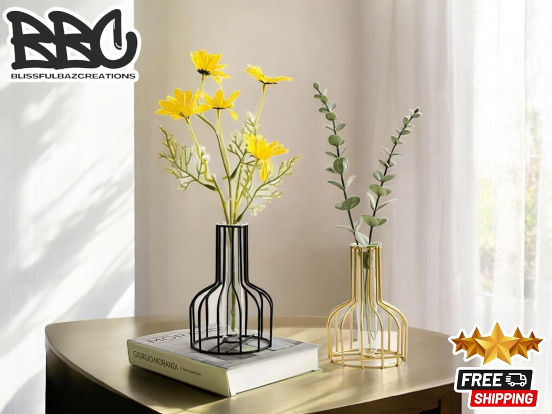 Iron Metal Frame Vase Modern Tube Home Decor Minimalist Flower Stand ...