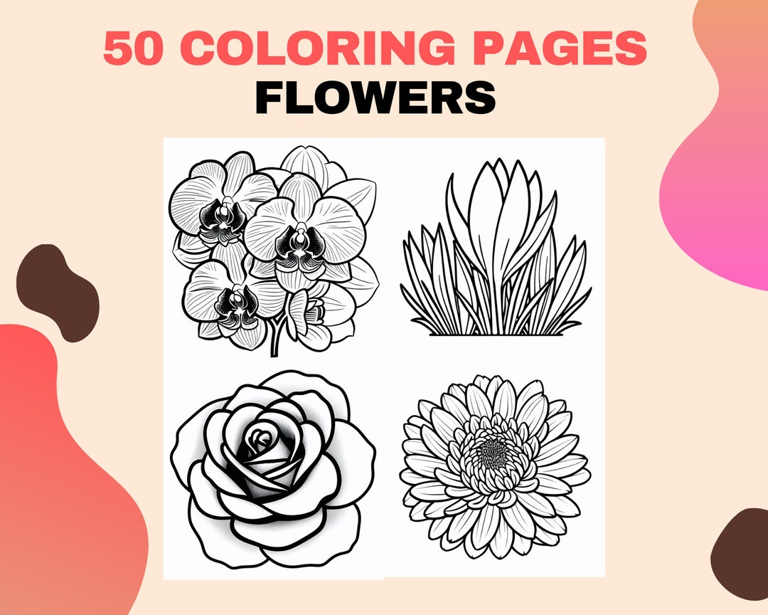 50 Coloring Pages Flowers, Floral Coloring Book Printable, Relaxing ...