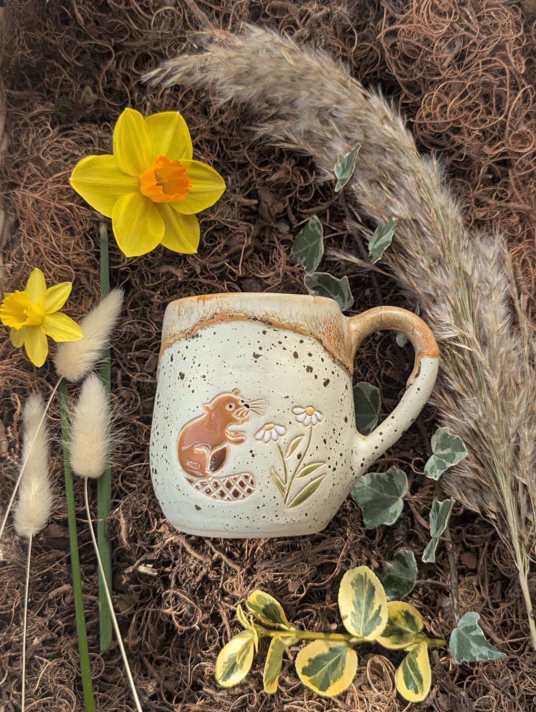 Handmade Beaver Mug – Hand Painted Ceramic Cup, Cute Beaver and Daisies ...