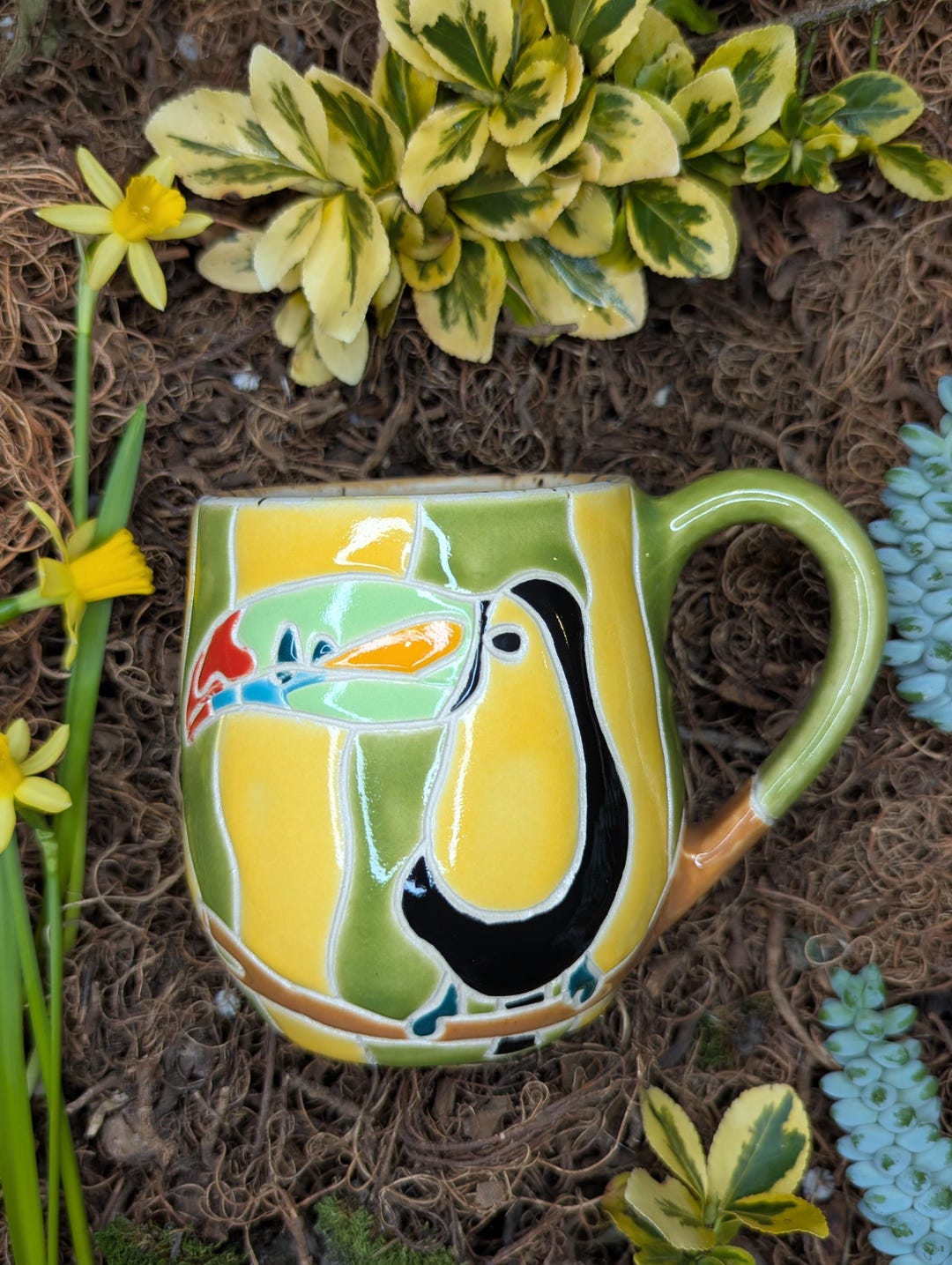 Unique Toucan Mug, Handmade Mug, Handpainted Mug, Yellow Mug, Rainbow ...