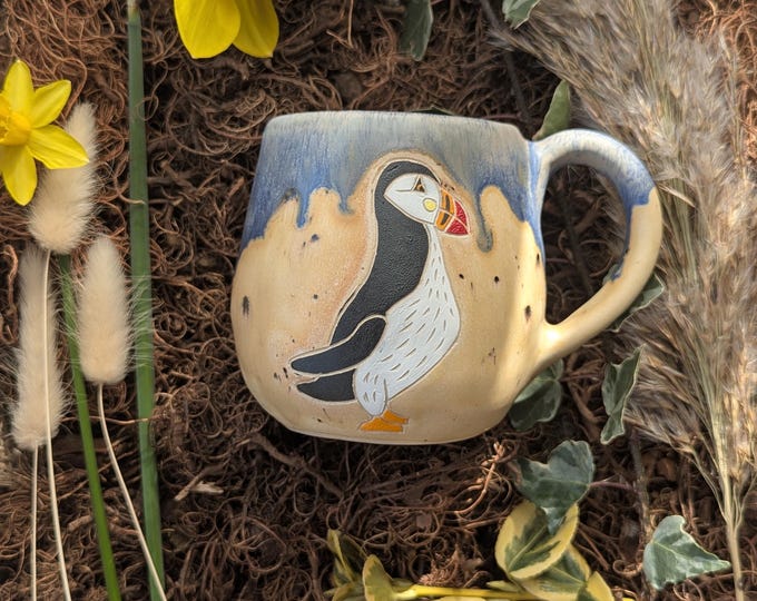 Handmade Puffin Mug – Hand Painted Ceramic Cup, Blue Speckled Glaze ...