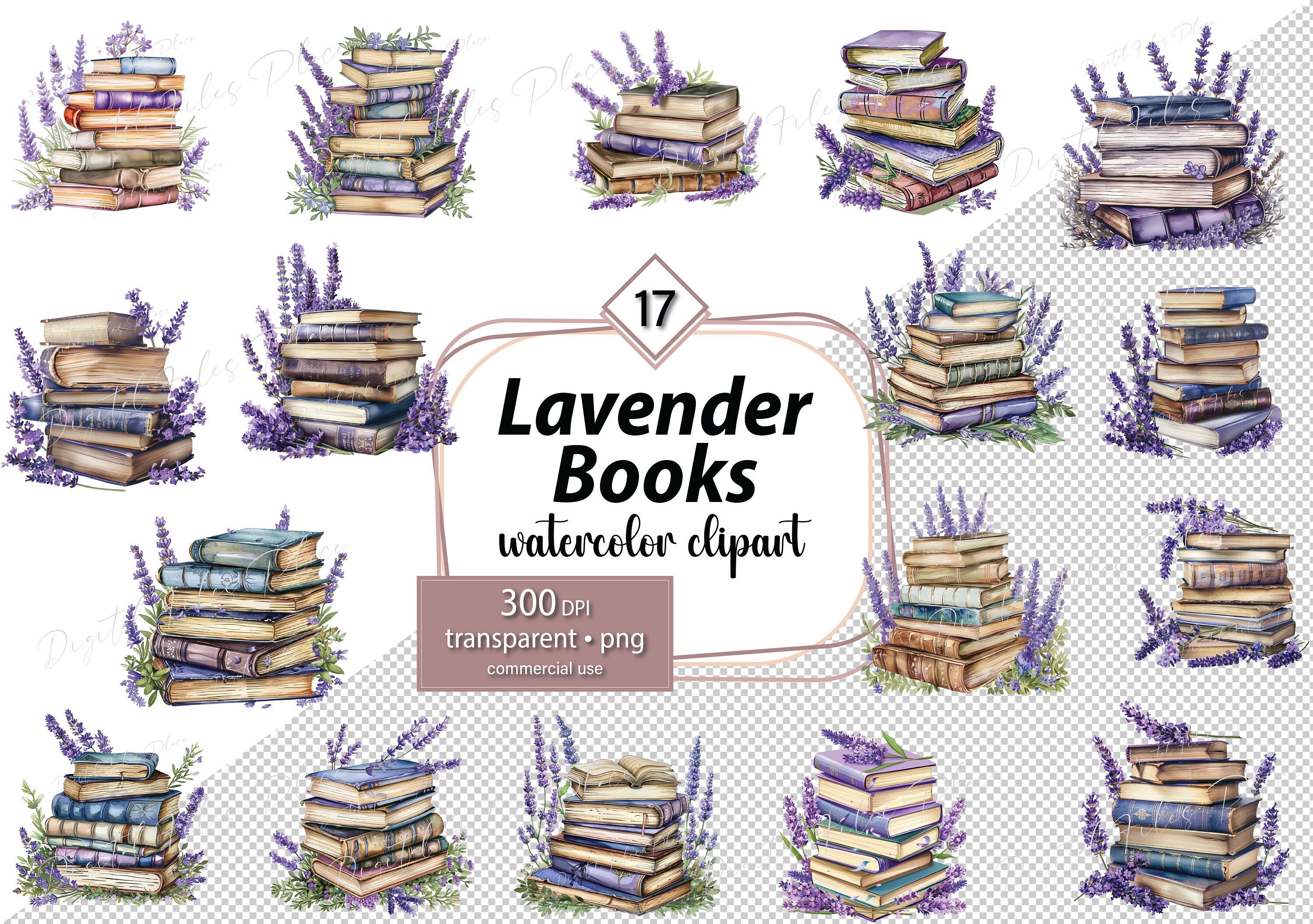 Watercolor Lavender Bookstack Clipart: Booklover PNG Bundle (digital ...