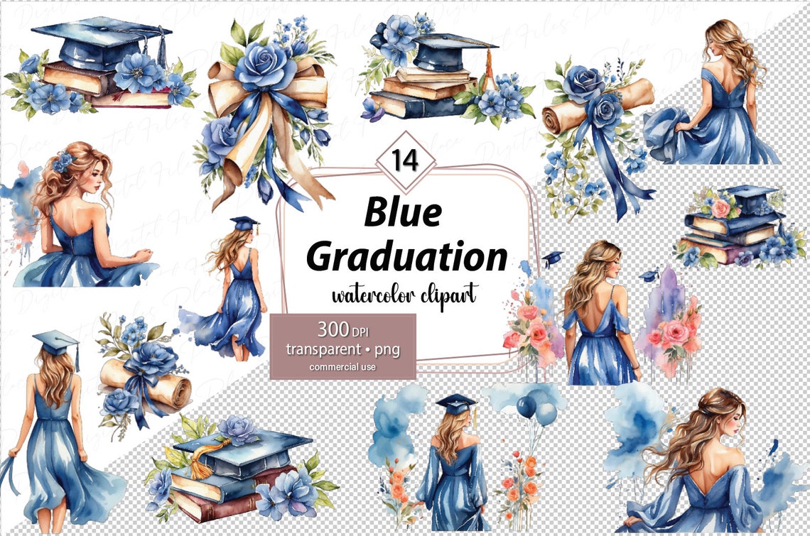 Graduation Watercolor Clipart Set, 14 Graduate PNG With Transparent ...