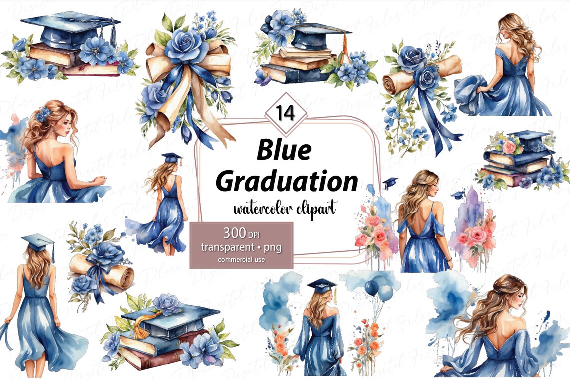 Graduation Watercolor Clipart Set, 14 Graduate PNG With Transparent ...