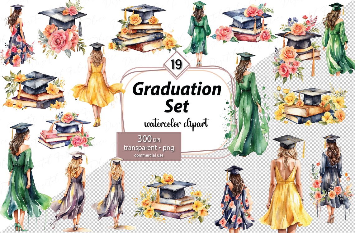 Graduation Watercolor Clipart Set, 19 Graduate PNG With Transparent ...
