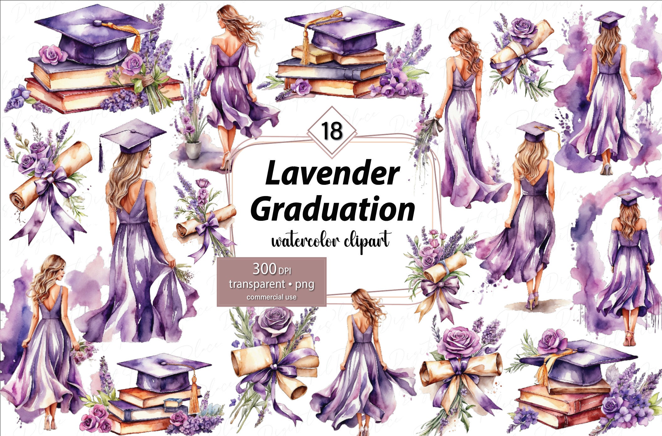 Graduation Lavender Watercolor Clipart Set, 18 Graduate PNG With ...