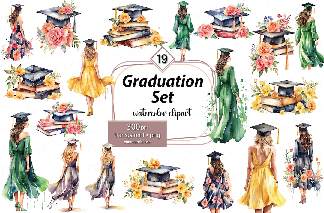 Graduation Watercolor Clipart Set, 19 Graduate PNG With Transparent ...