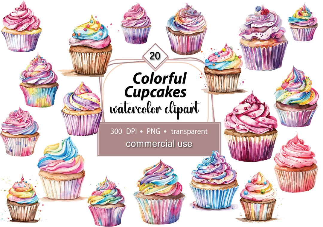 Watercolor Cupcake Clipart , 20 High Quality PNG Files With Transparent ...