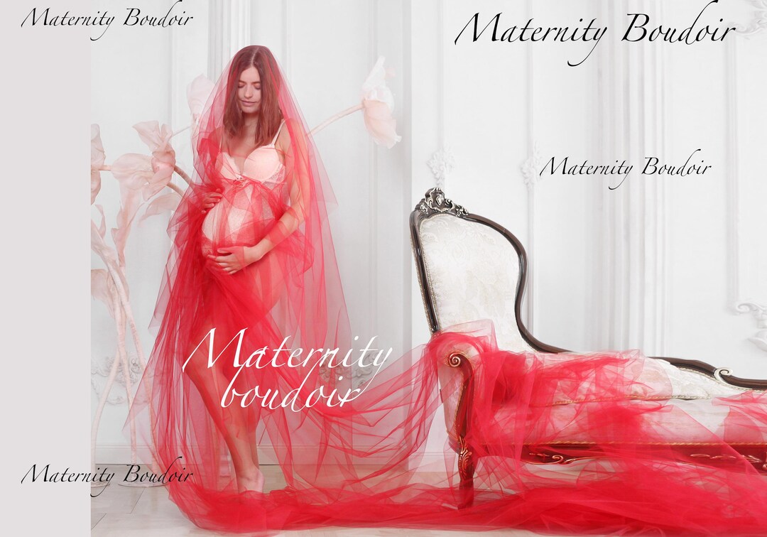 Red Sheer Fabric for Maternity Photo Shoot. Red Tulle Maternity Gown Idea for Photoshoot. Red ...