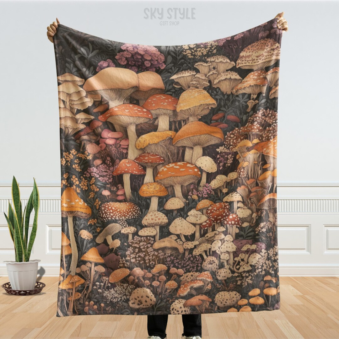 Cottagecore Mushroom Blanket, Vintage Mushroom Blanket, Velveteen Plush ...