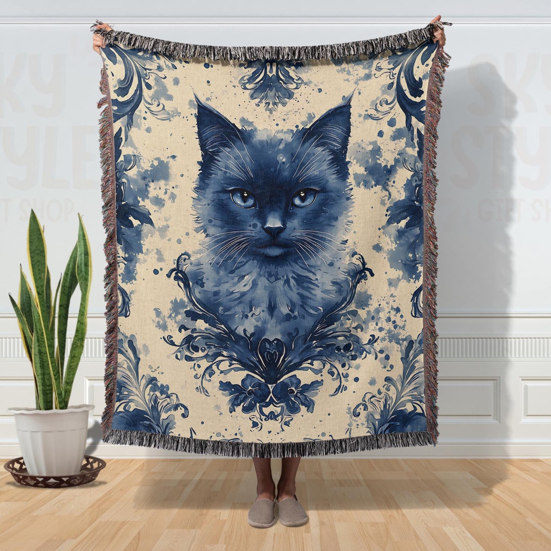 Toile Cat Woven Blanket Blue Cat Blanket Woven Cotton Throw Gift for ...