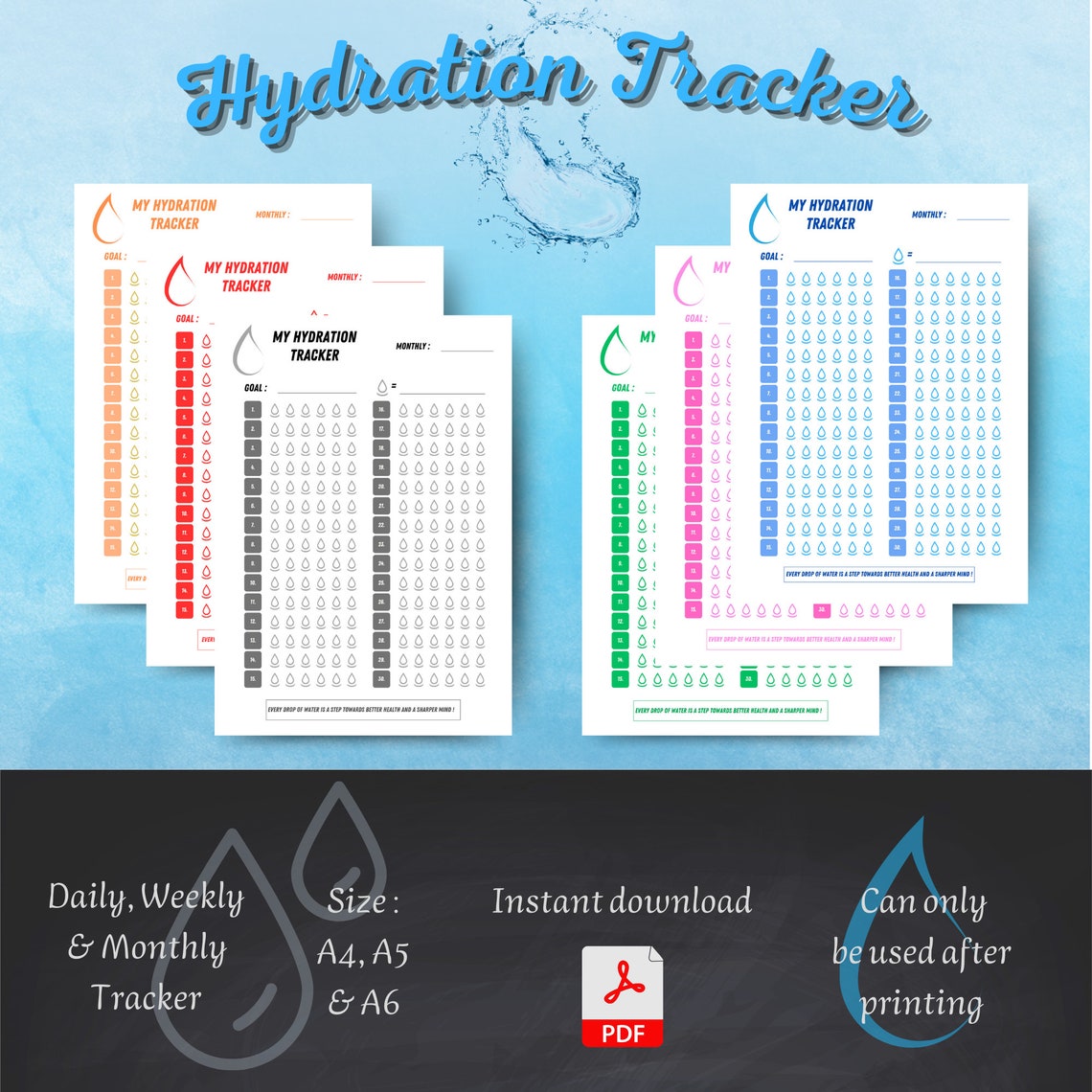 Monthly Hydration Tracker With Daily Water Consumption Tracker in PDF ...