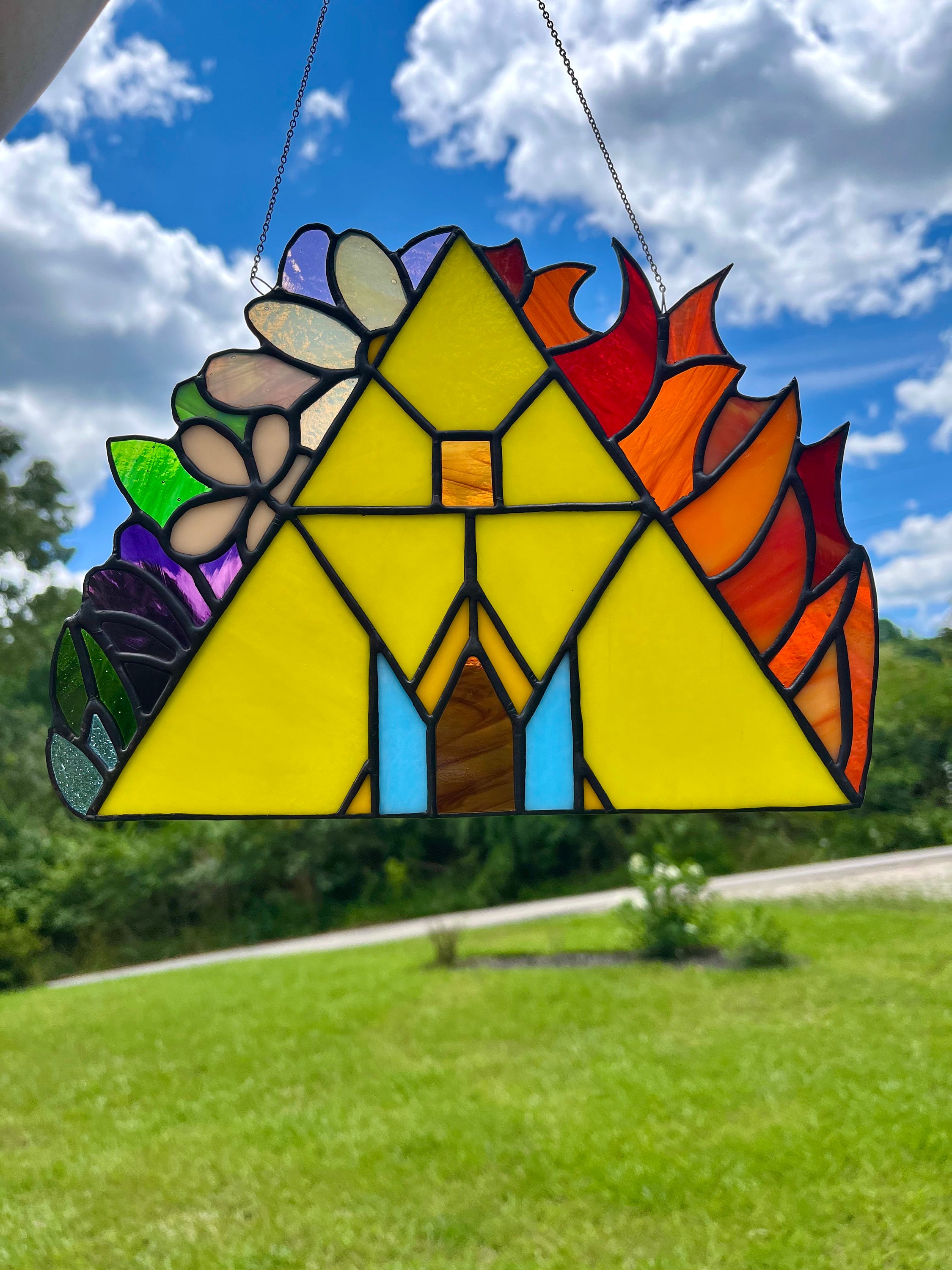 Midsommar Temple With Florals and Flames Stained Glass Suncatcher - Etsy