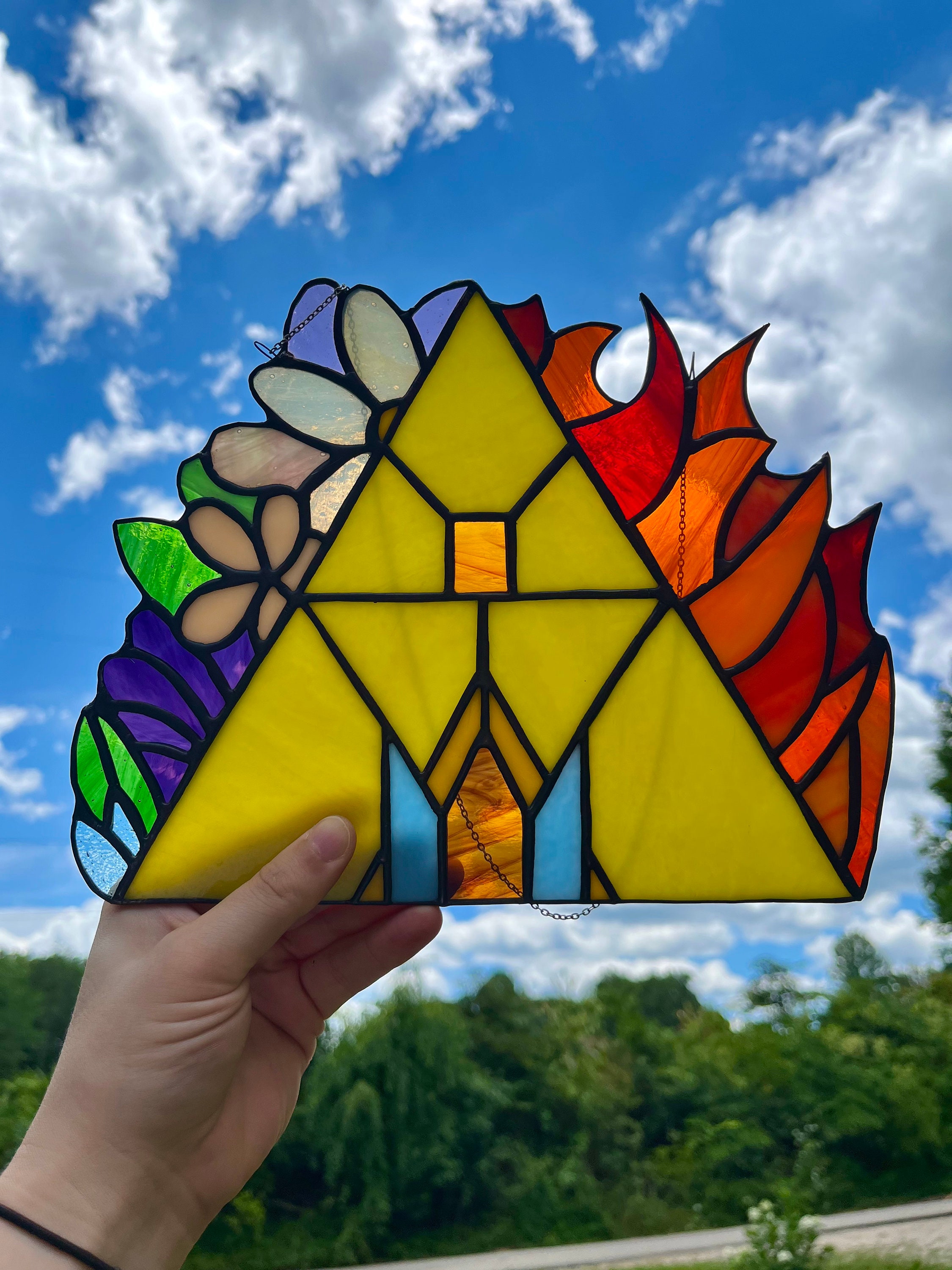 Midsommar Temple With Florals and Flames Stained Glass Suncatcher - Etsy