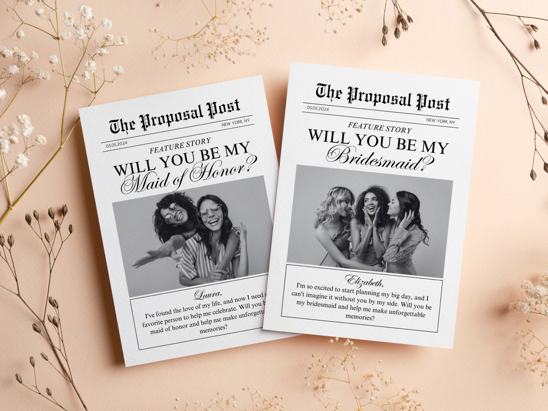 Printable Bridesmaid Proposal Photo Card, Newspaper Style Info Invite ...