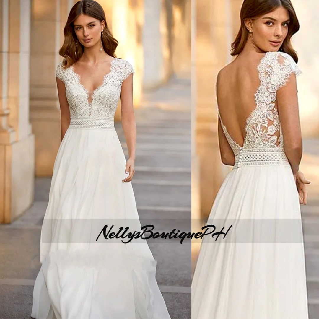 Custom Made Plus Size Simple Wedding Dress V-neck Appliques Lace ...