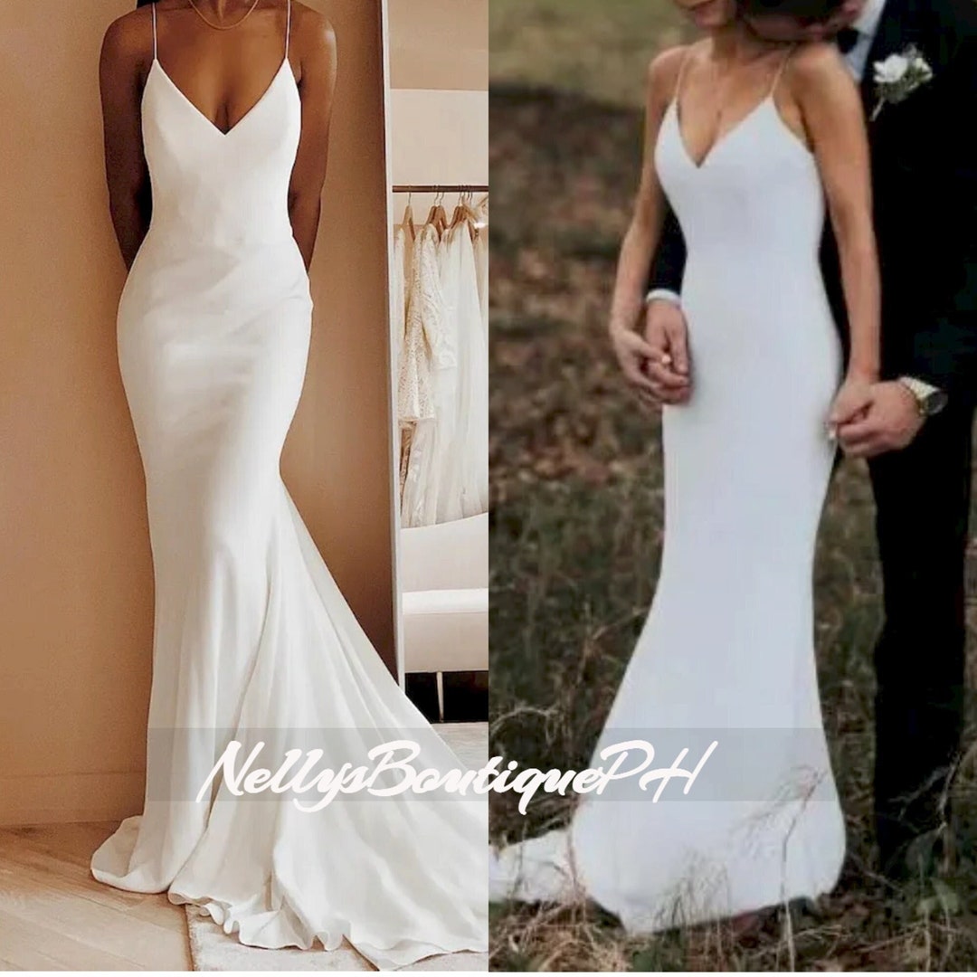Formal Simple Satin Wedding Dress V-neck Spaghetti Straps Backless ...