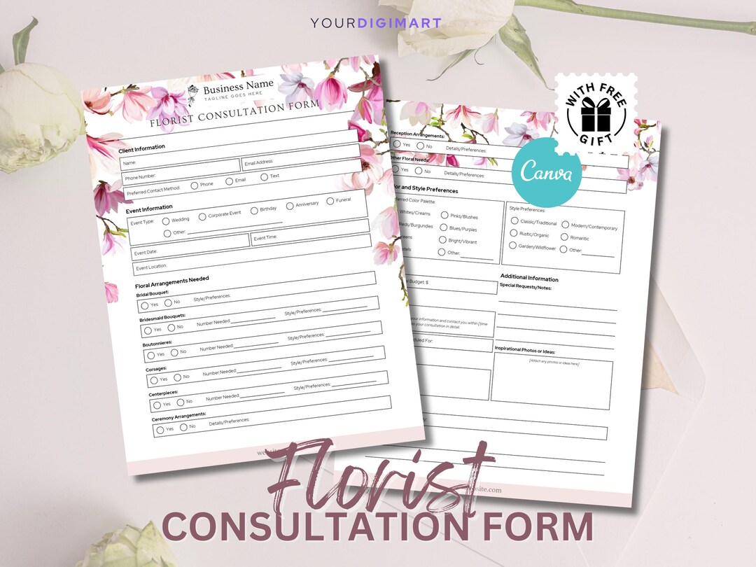 Florist Wedding Consultation Form Florist Canva Template Client Order ...