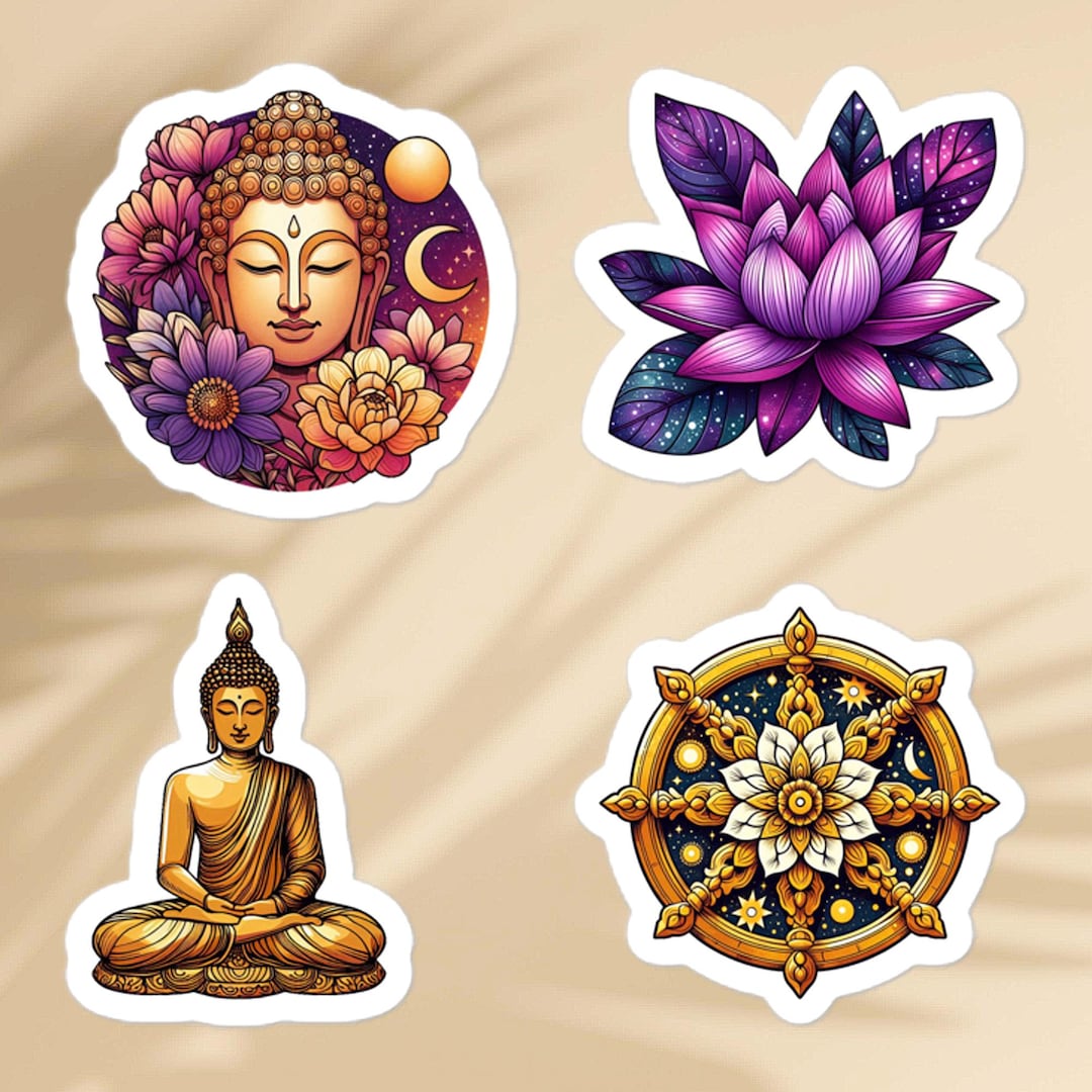 Sitting Buddha, Dharma Wheel, Buddha Face, Lotus Flower Sticker Set ...