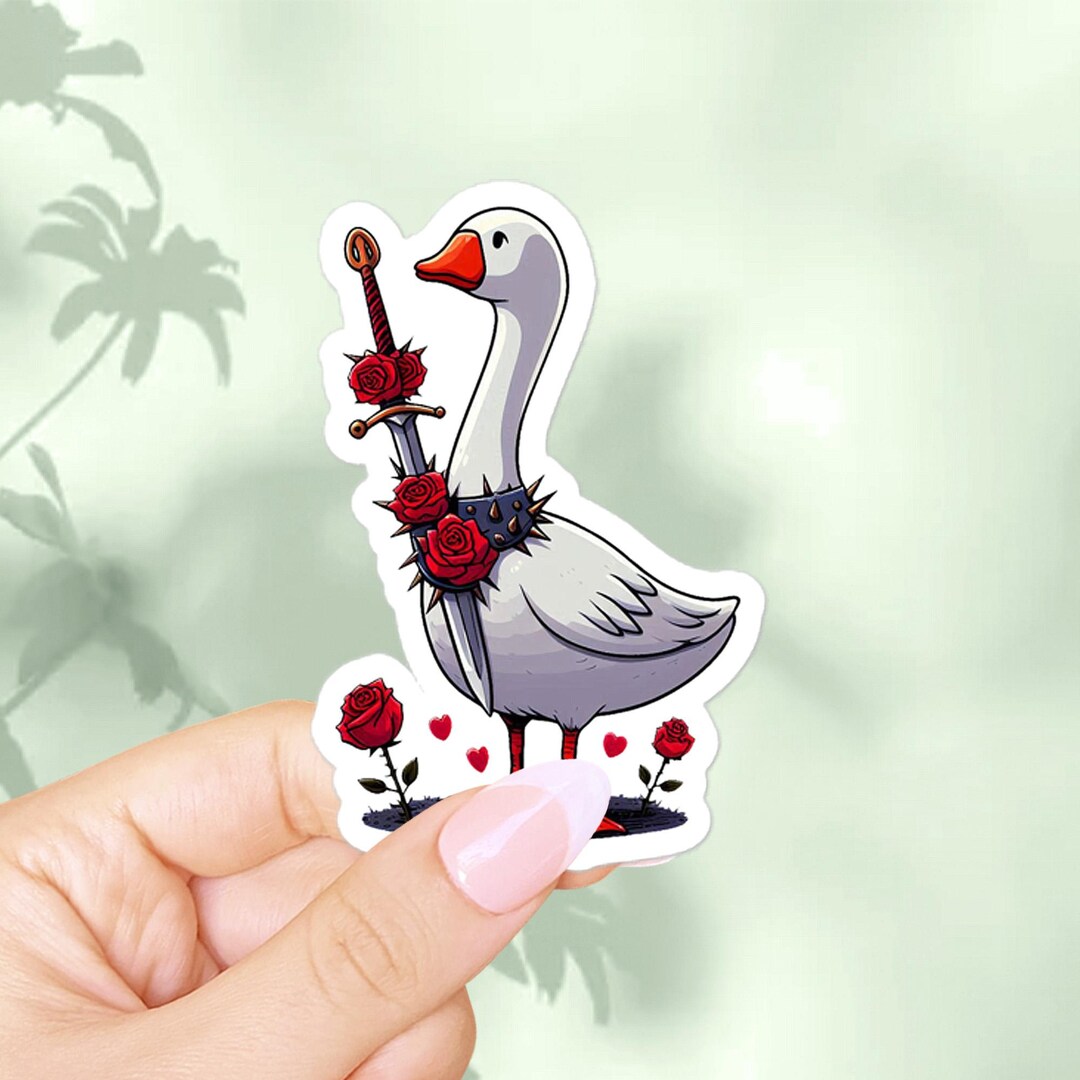 Goose With a Fantasy Sword and Red Roses Sticker. Cute Animal Vinyl ...