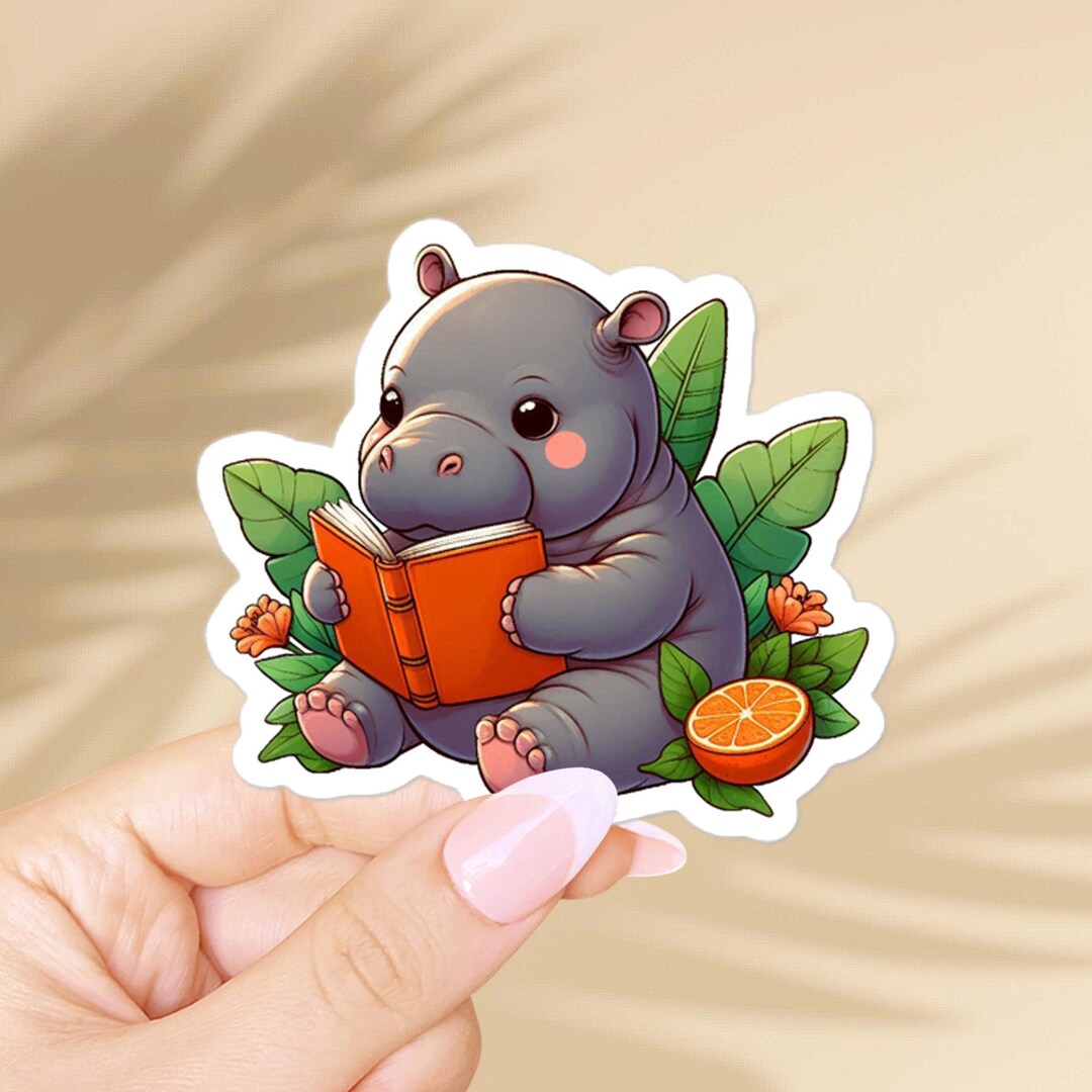 Baby Pygmy Hippo Reading a Book Sticker. Animal Reader Vinyl Decal for ...