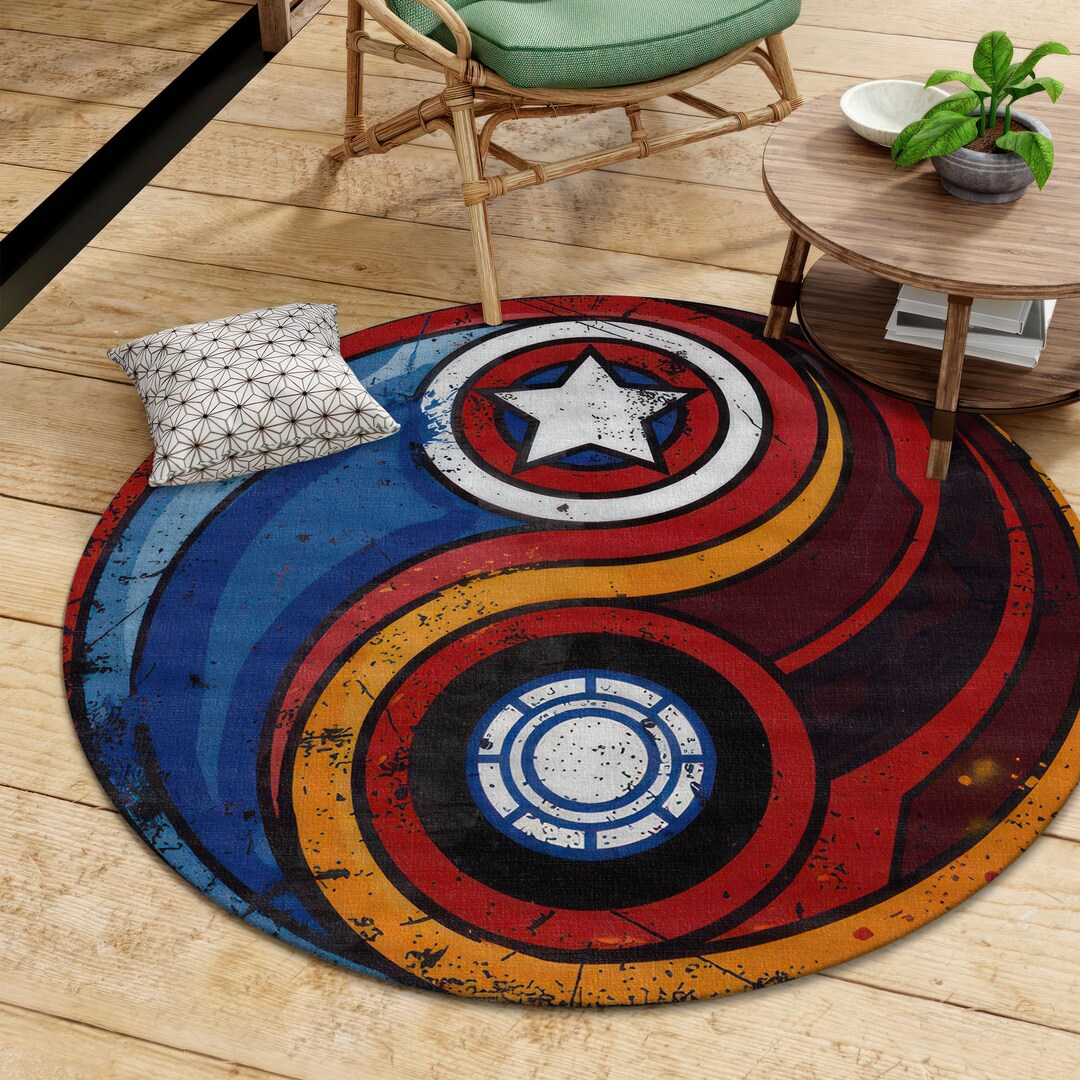 Marvel Super Hero Logo Patterned Round Rug, Captain America and Iron ...