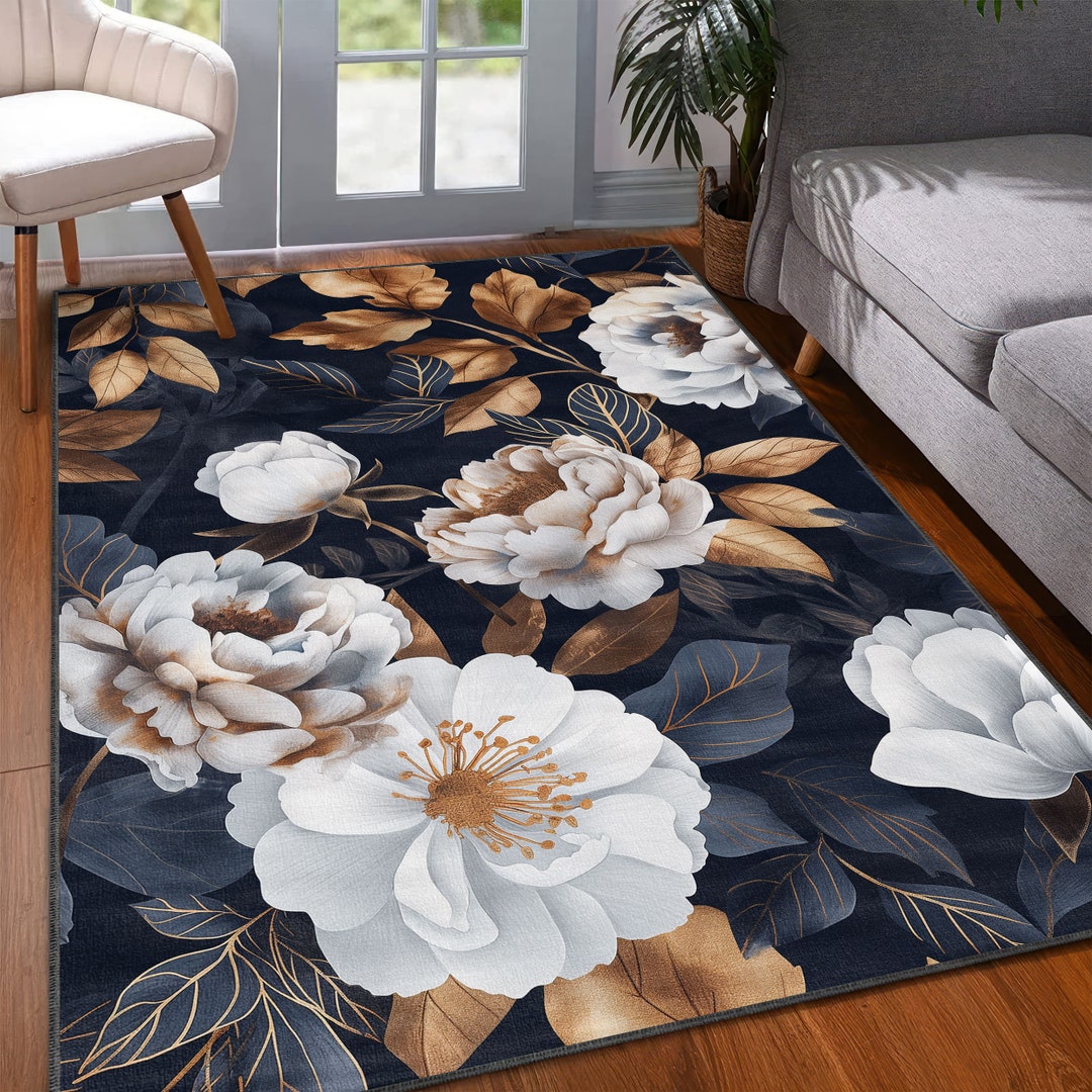 Luxurious Navy Floral Garden Area Rug Sophisticated White and Gold ...