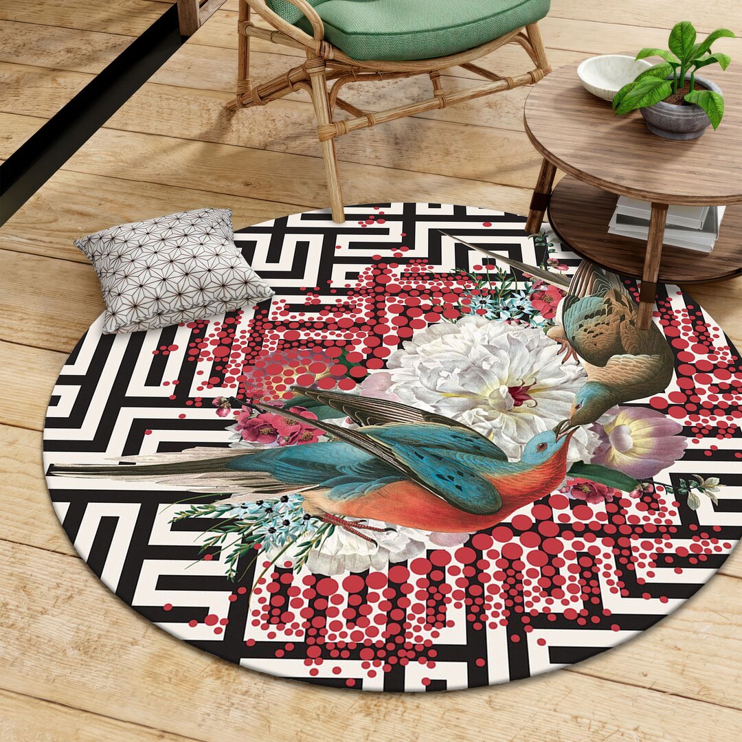 Colorful Chinoiserie Birds Rug, Tribal Themed Carpet, Geometric Home ...