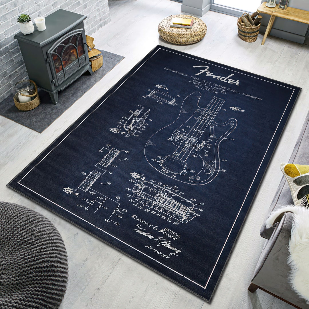 Fender Guitar Blueprint Rug Stylish Black and White Design for Music ...