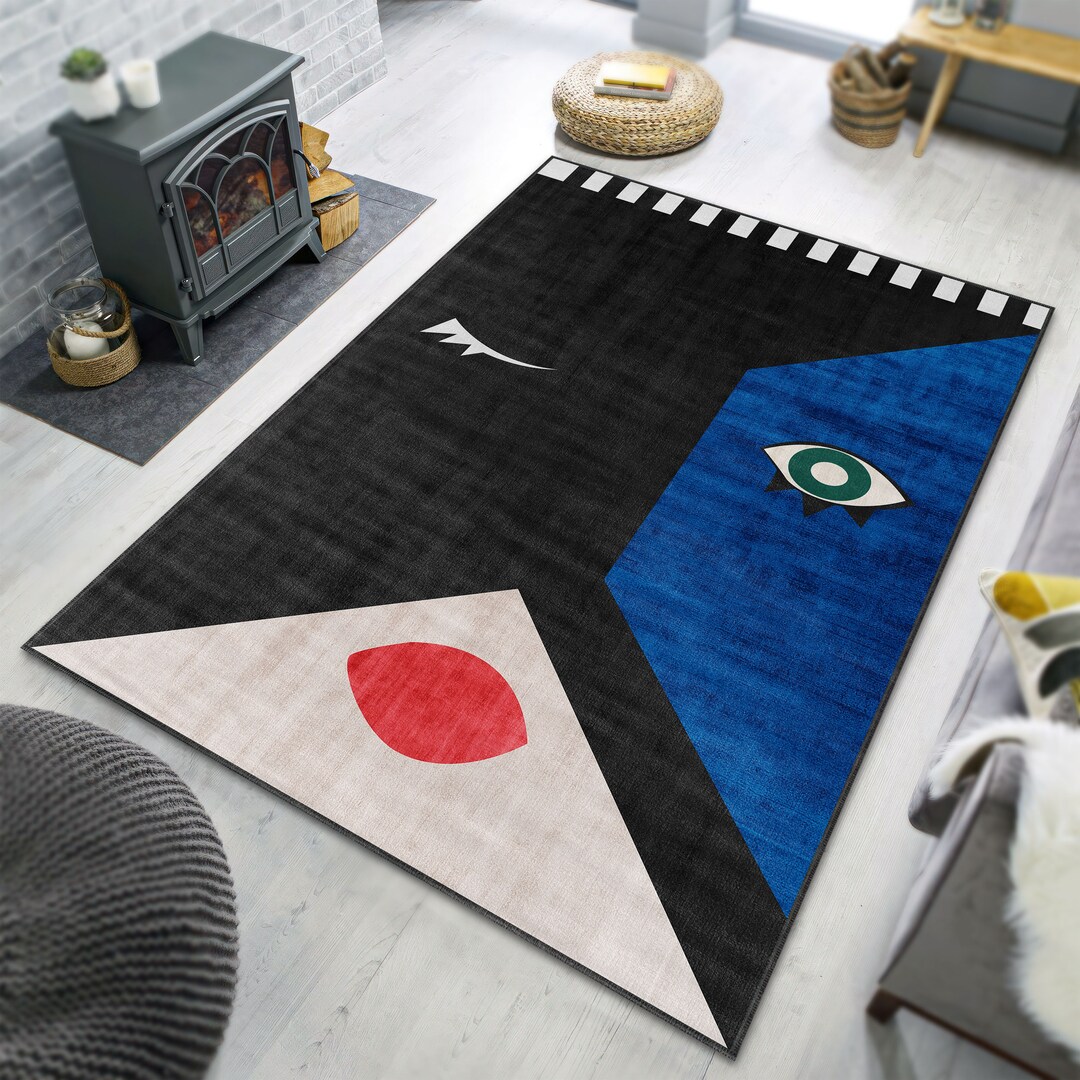 Line Face Art Rug, Line Art Black and Navy Blue Rug, Art Area Mat, Face ...